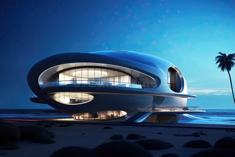 Futuristic House on Cast at Night Stock Illustration - Illustration of ...