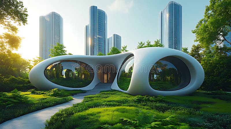 Futuristic House, City Park, Sunrise, Eco-design, Rendering Stock ...