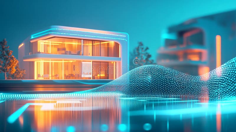 Futuristic House Design with Neon Elements and Abstract Landscape Stock ...