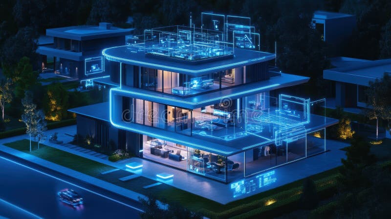 Futuristic House Illuminated with Blue Lights, Showcasing Modern ...