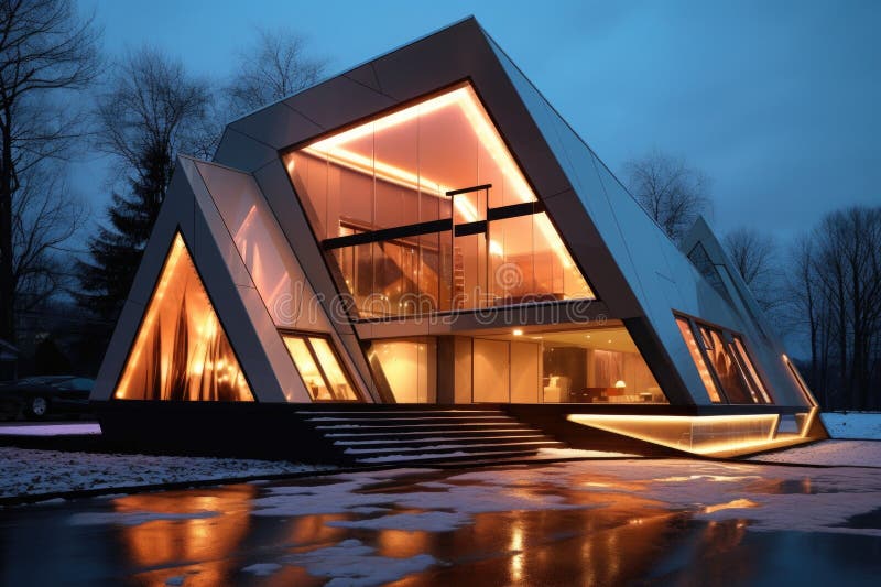 Futuristic House with Led Lights Illuminating the Facade Stock Photo ...