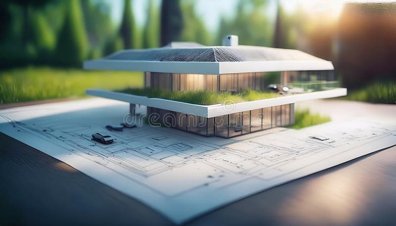 Futuristic House Model with Firefly on Architectural Drawing on Wooden ...
