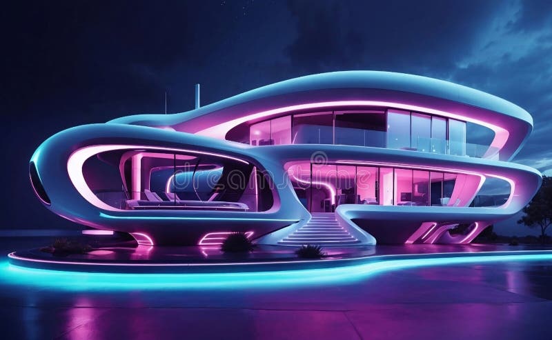 A Futuristic House with Modern Design Night Scene Stock Illustration ...