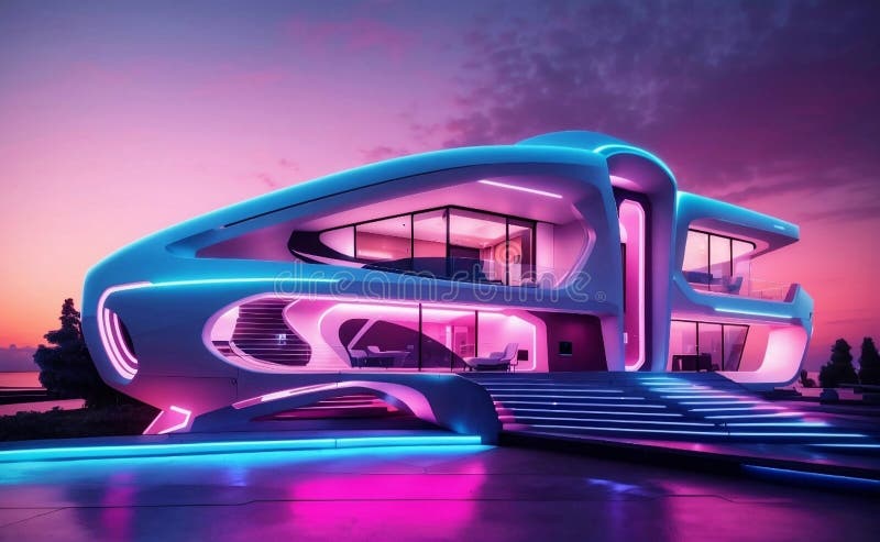 A Futuristic House with Modern Design Night Scene Stock Illustration ...