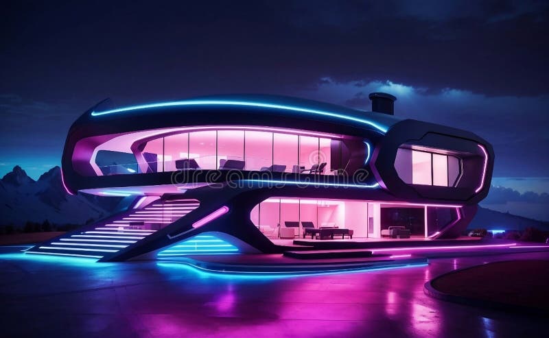 A Futuristic House with Modern Design Night Scene Stock Illustration ...