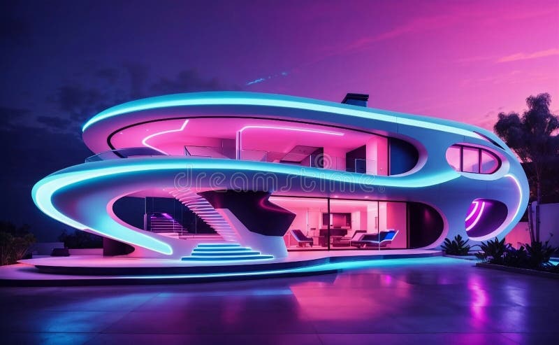 A Futuristic House with Modern Design Night Scene Stock Illustration ...