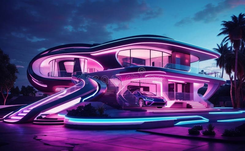 A Futuristic House with Modern Design Night Scene Stock Illustration ...