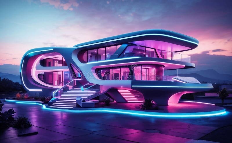 A Futuristic House with Modern Design Night Scene Stock Illustration ...