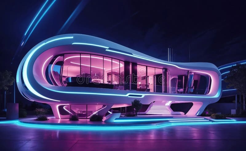A Futuristic House with Modern Design Night Scene Stock Illustration ...
