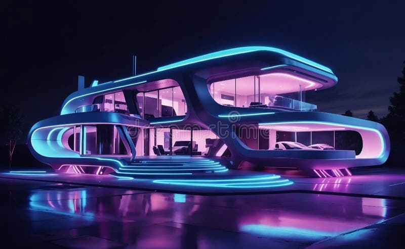A Futuristic House with Modern Design Night Scene Stock Illustration ...