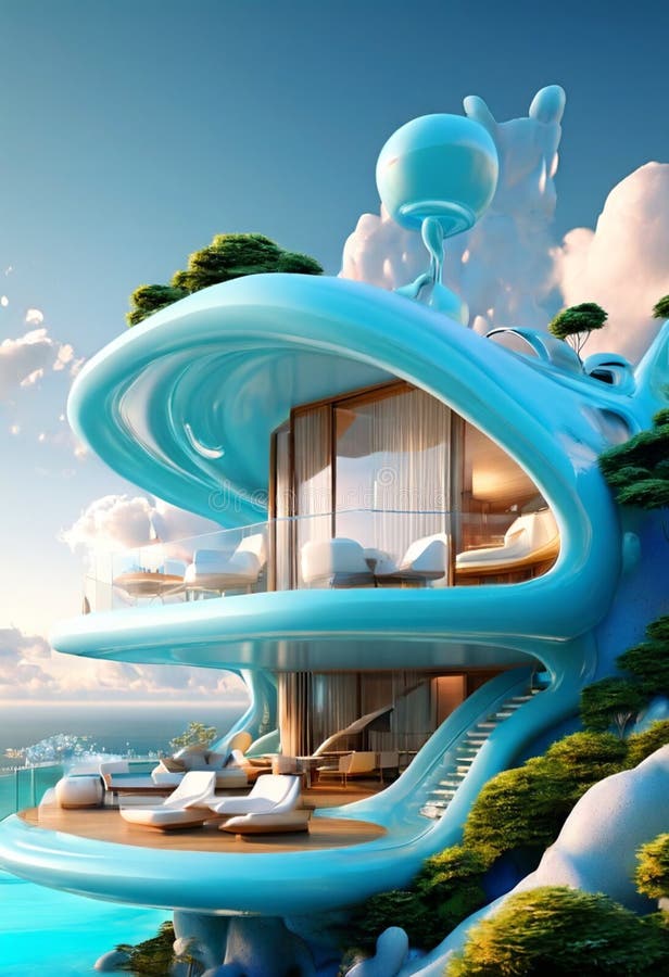Futuristic Cliffside House with Pink Cloud-like Exterior and Ocean View ...