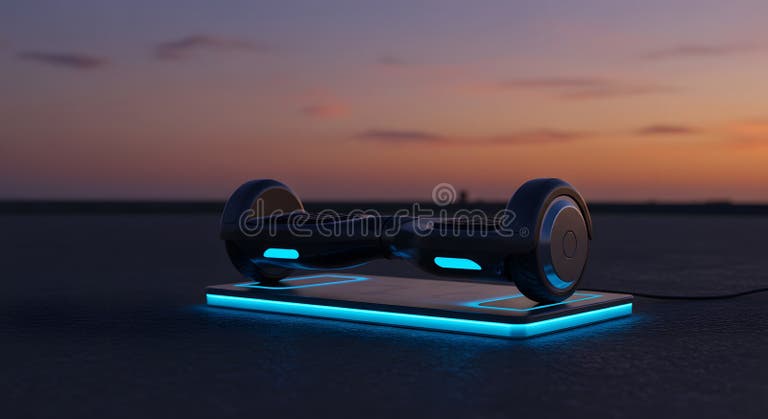 Futuristic Hoverboard on Glowing Platform at Sunset: a Technological ...