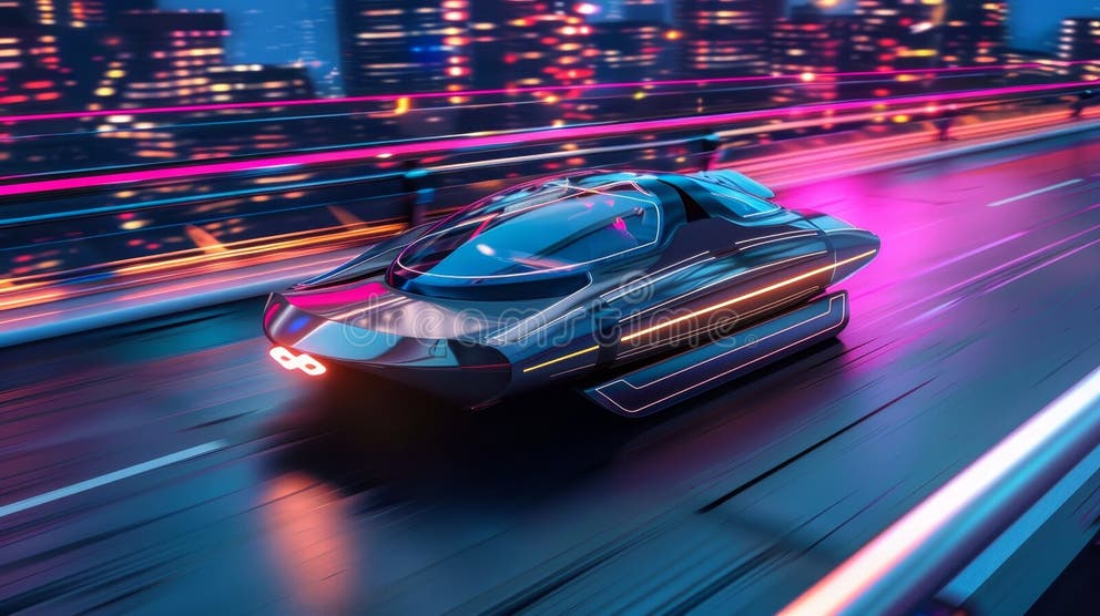 Futuristic Hovercar Racing Down a Neon Lit Highway in a Dynamic and ...