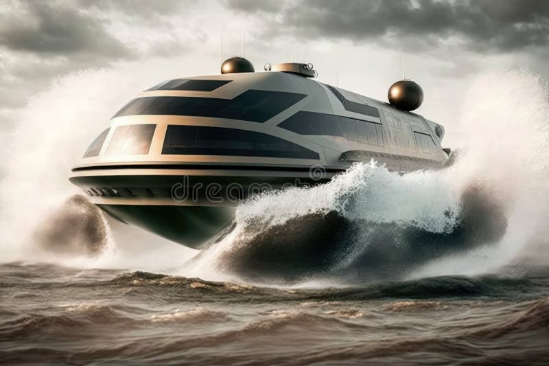 Futuristic Hovercraft Gliding Over a Water Surface Stock Illustration ...
