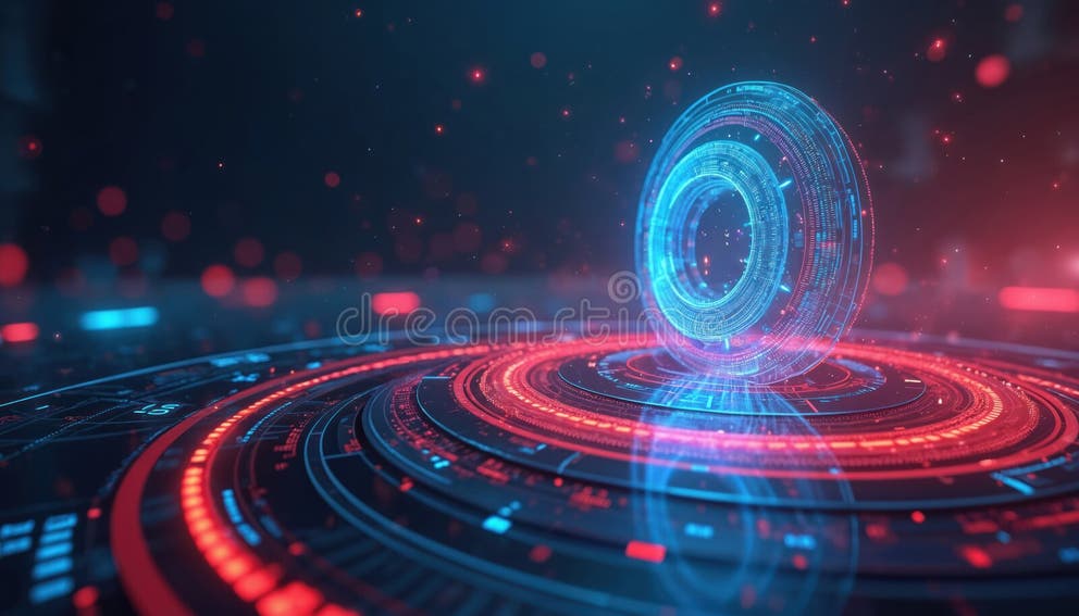 Futuristic HUD Interface with Spinning Blue and Red Digital Circles ...