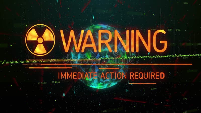 Futuristic HUD Showing Rotating Radiation Symbol and Glowing WARNING ...