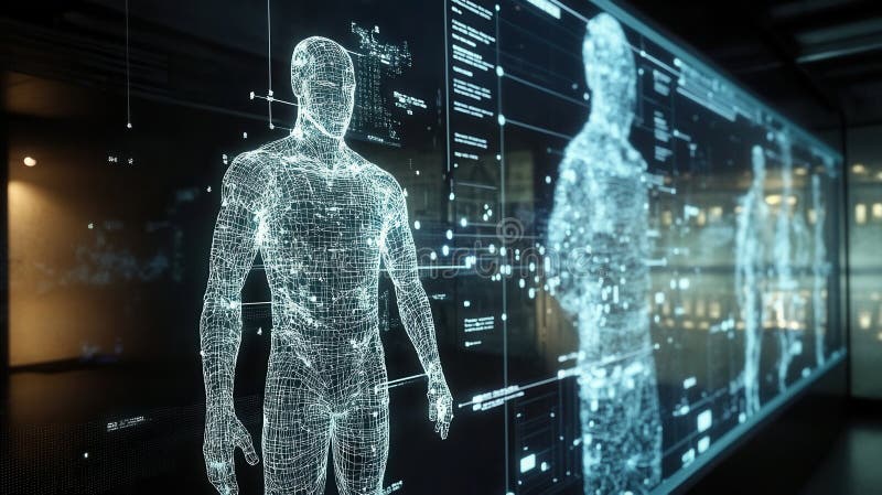 Futuristic Human Body Wireframe Being Analyzed on Digital Display Stock ...