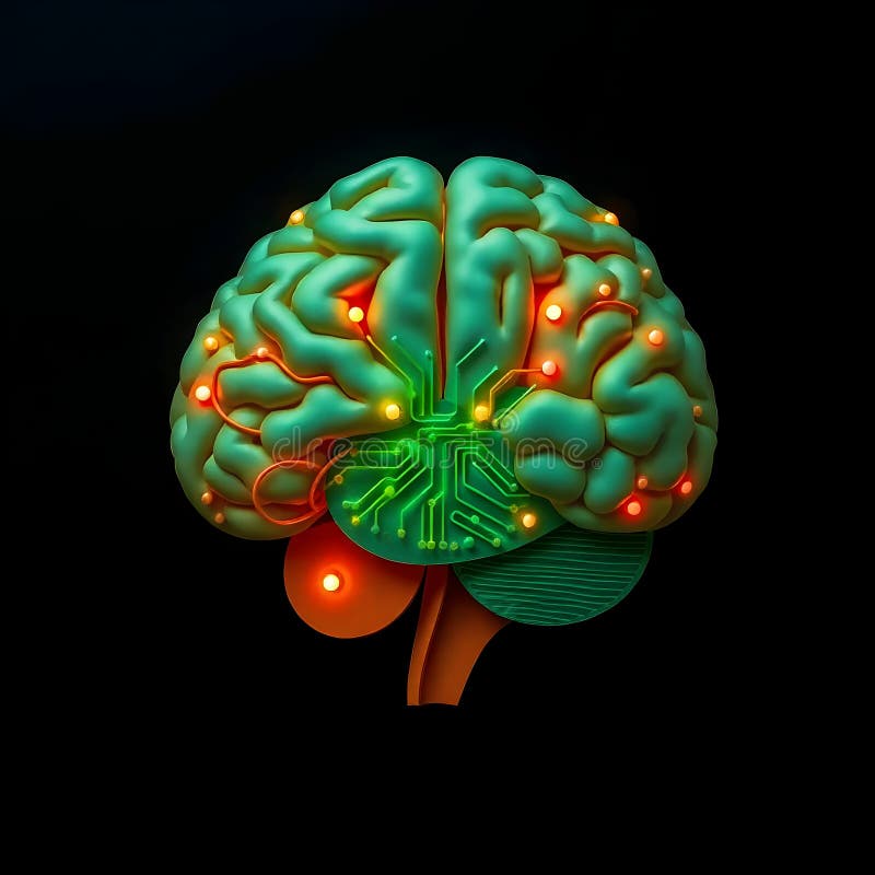 Futuristic Human Brain Illustration with Circuitry and Glowing Nodes ...
