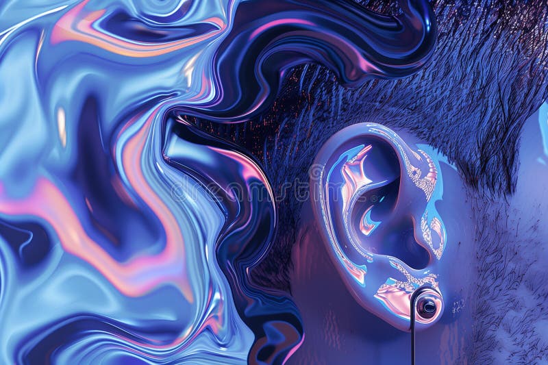 Futuristic Human Ear with Metallic Purple Colorful Liquid Fluid Wave ...