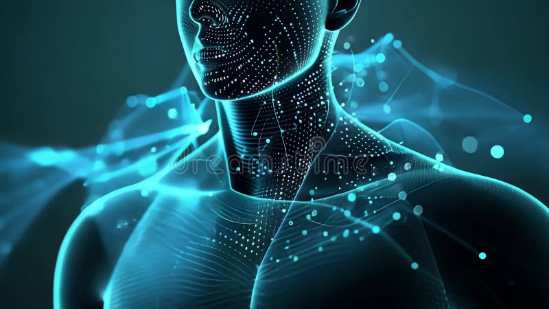 Futuristic Human Face Emerging from Glowing Digital Data Flow Stock ...