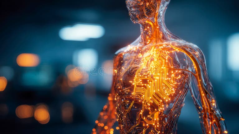 Futuristic Human Figure Infused with Glowing Circuit Board Patterns in ...