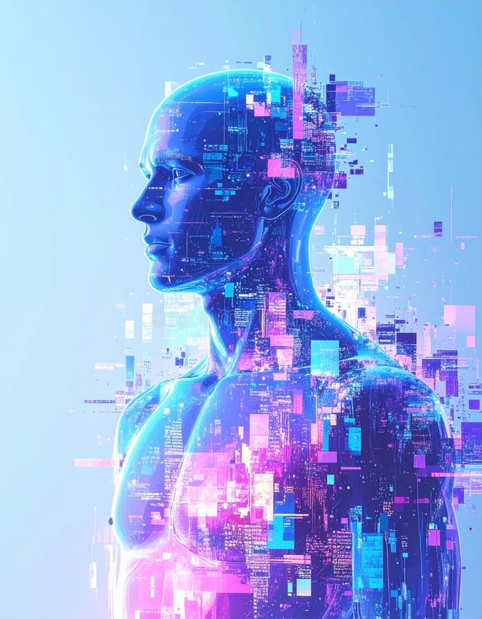 A Futuristic Human Figure Made of Translucent Blue Energy, Dissolving ...