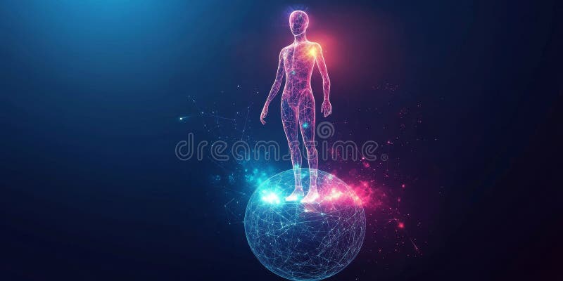 Futuristic Human Figure Standing on Globe with Cosmic Background Stock ...