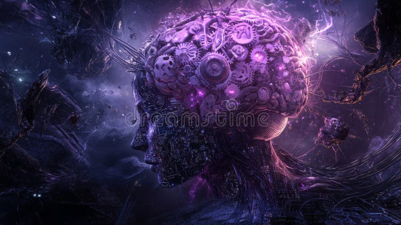 Futuristic Human Profile with Mechanical Brain and Cyber Elements Stock ...