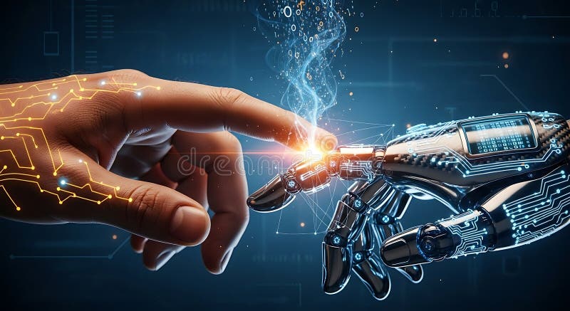 Futuristic Human and Robot Digital Touch Interaction with Technology and Data Visualization ...