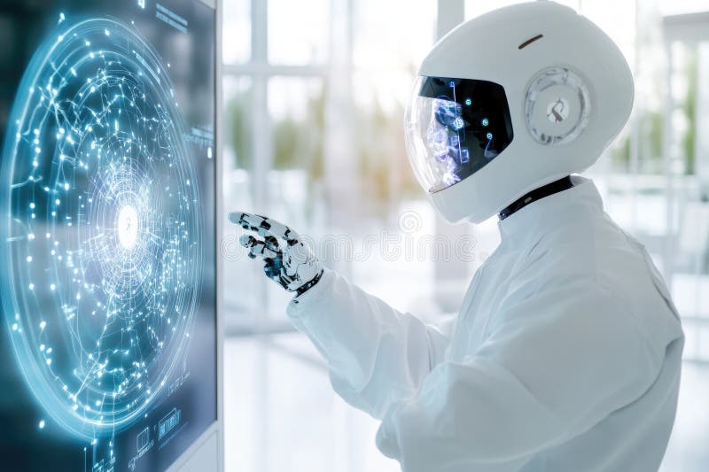 Futuristic Human Robot Interacting with Digital Interface in Modern Laboratory Setting Stock ...