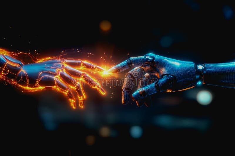 Futuristic Human and Robotic Hand Nearly Touching with Glowing Energy ...