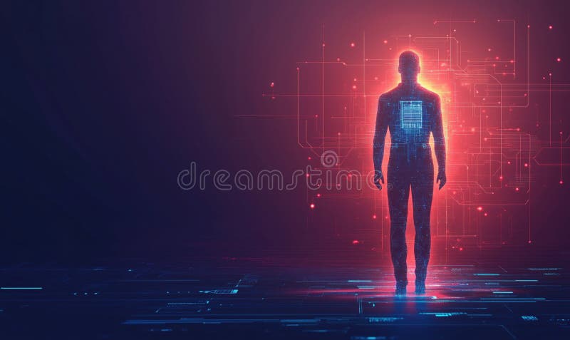Futuristic Human Silhouette with Digital Circuitry, Glowing Background ...