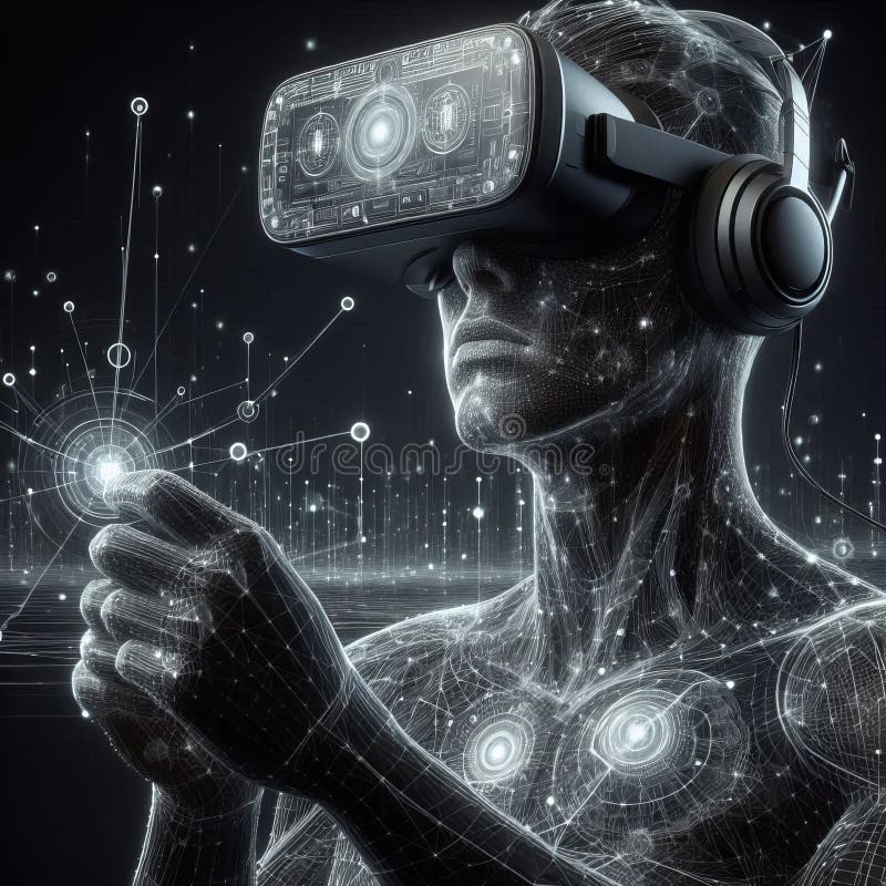 Futuristic Human with VR Headset in Digital Network Environment Stock ...