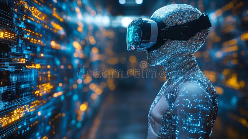 Futuristic Human in VR Headset Surrounded by Digital Light Generative ...