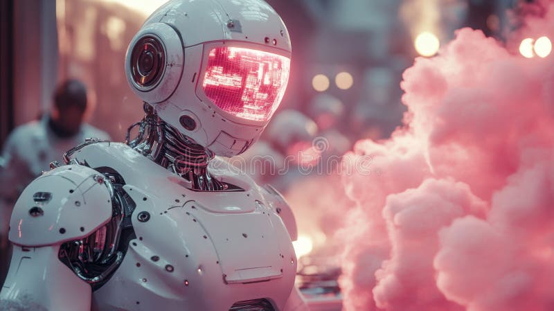 Futuristic Battle Robot with a Digital Visor in Smoke Stock Image ...