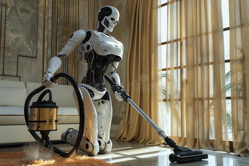 Humanoid Cyborg Cleaning the Floor with a Vacuuming Cleaner, AI ...