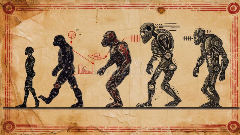 Futuristic Humanoid Evolution from Primate To Robotic Cyborg Stock ...