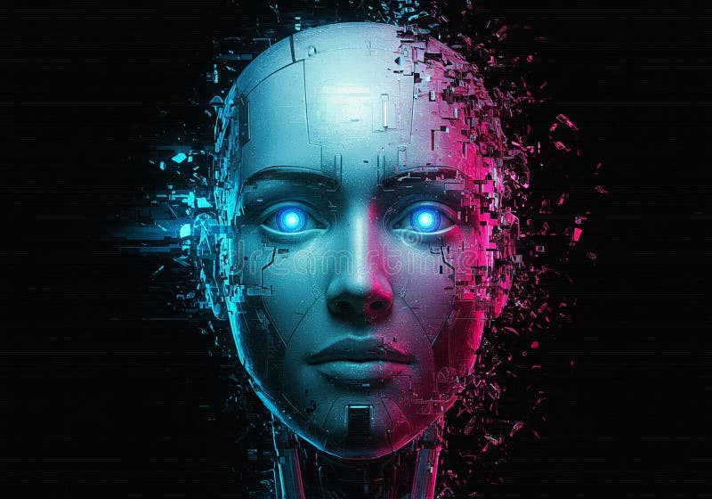 Futuristic Humanoid Face with a Digital, Metallic Texture Split between ...
