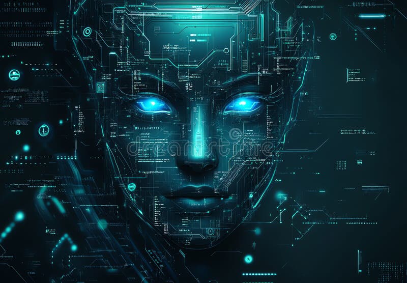 Futuristic Humanoid Face with Glowing Eyes and Circuitry Design Stock ...