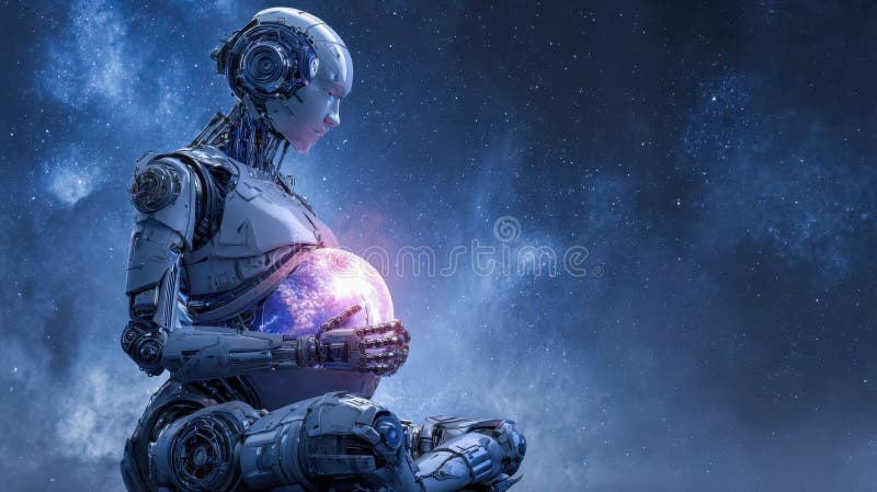 Futuristic Humanoid Female Robot Sitting in Space with Glowing Earth ...