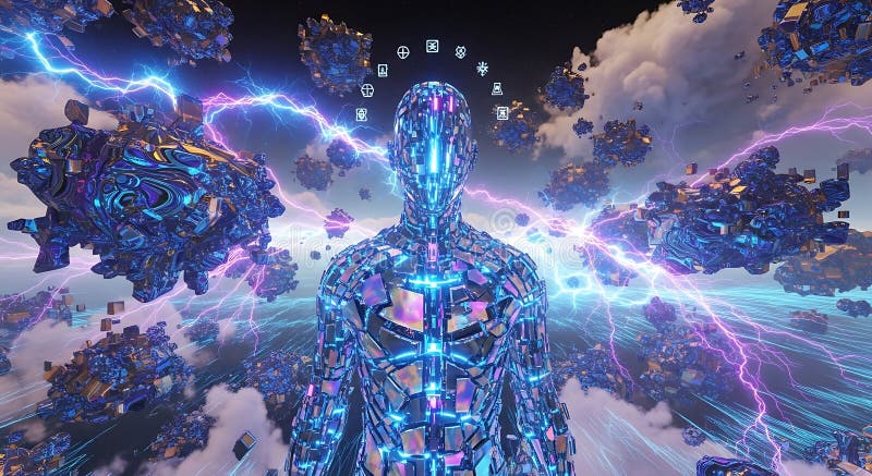 A Futuristic Humanoid Figure Composed of Glowing, Multicolored ...