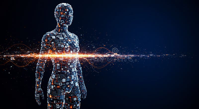 Futuristic Humanoid Figure Composed of Interconnected Electronic ...