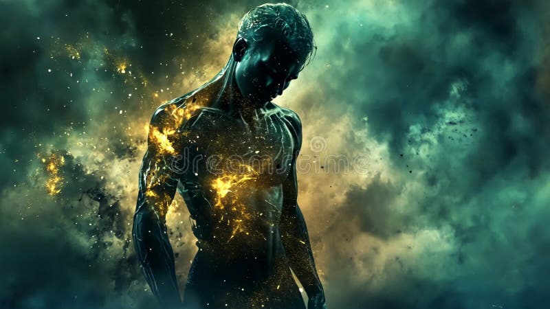 Muscular Man with Glowing Chest, Standing Amidst Dark, Stormy Clouds ...