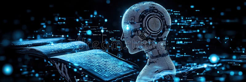 Futuristic Humanoid Figure Interacts with Digital Book, Showcasing ...