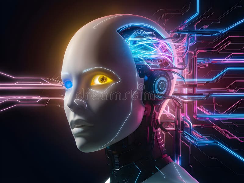 Side View of a Humanoid Head with Blue and Yellow Eyes and Vibrant Neon ...