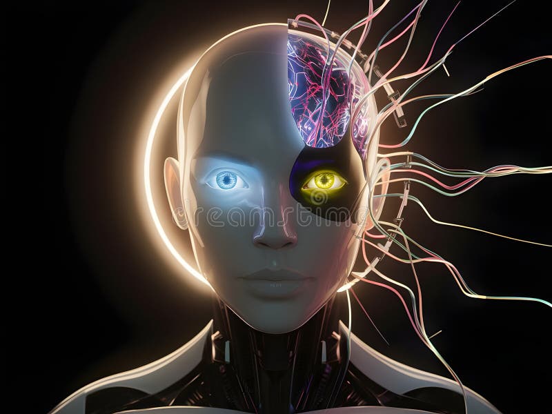 Side View of a Humanoid Head with Blue and Yellow Eyes and Vibrant Neon ...