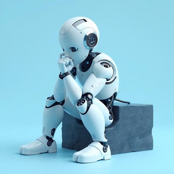 Futuristic Humanoid Cute Kid Robot Pondering on Rock in Autumn Setting ...