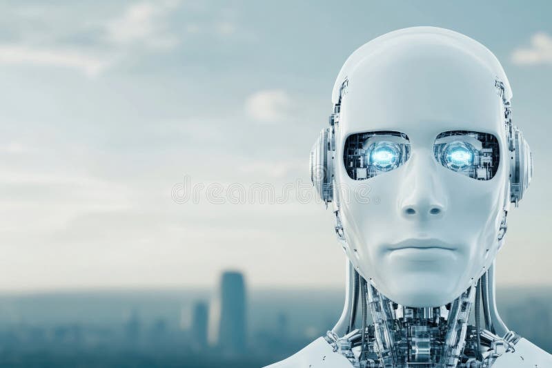 Futuristic Humanoid Robot with Advanced Technology in Urban Skyline ...
