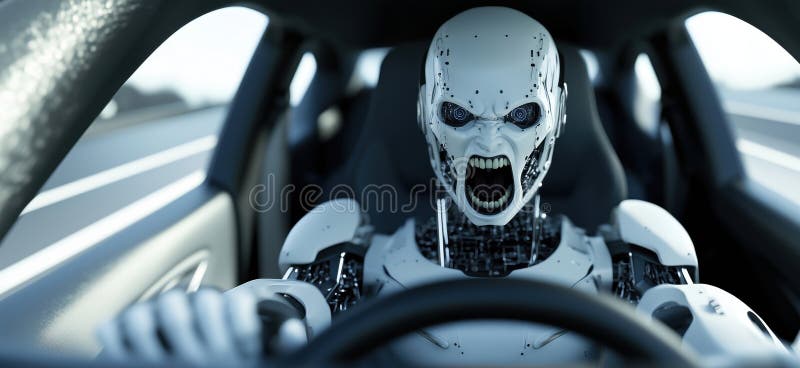 Futuristic Humanoid Robot with an Aggressive Expression Driving a Car ...