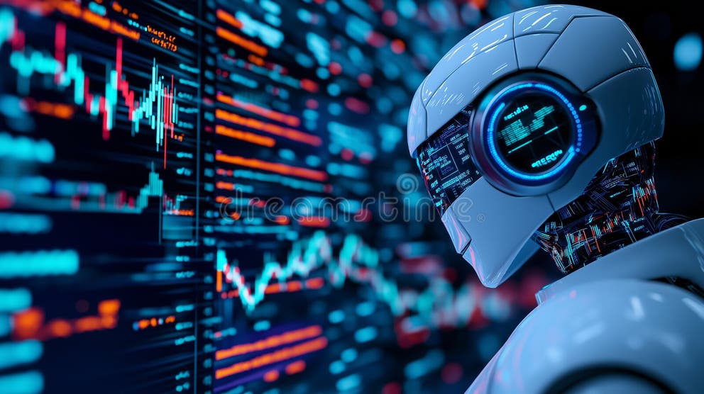 Futuristic Humanoid Robot Analyzes Data on Digital Screen, Showcasing Advanced Technology and ...